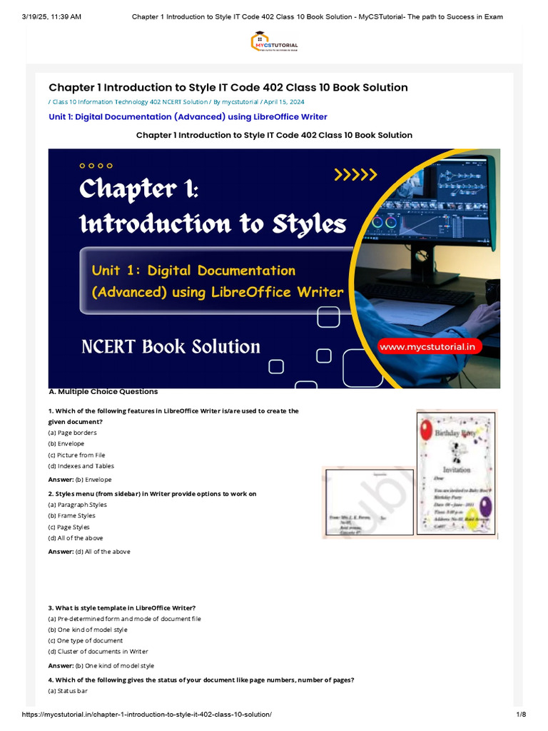 Chapter 1 Introduction To Style IT Code 402 Class 10 Book Solution | PDF | Paragraph | Text