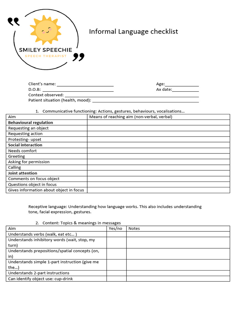 Informal Language Checklist: Client's Name | PDF | Nonverbal ...