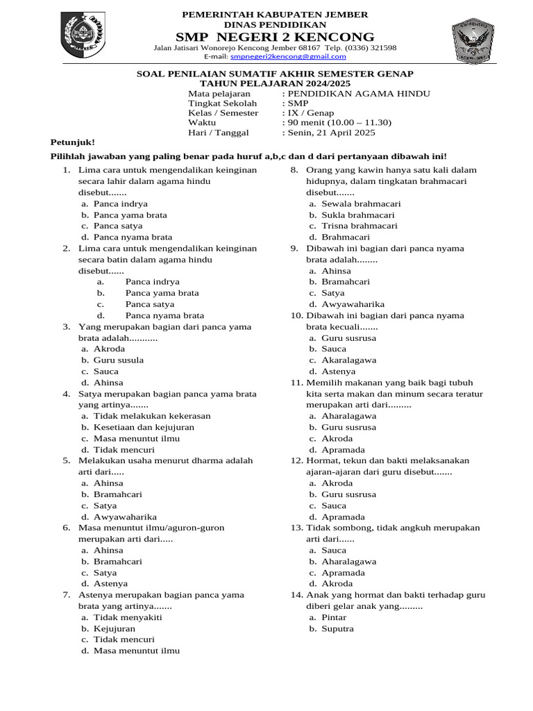 PENDIDIKAN AGAMA HINDU TINGKAT SLTP PENILAIAN AKHIR SEMESTER GENAP KELAS IX TAPEL 2024-2025 | PDF