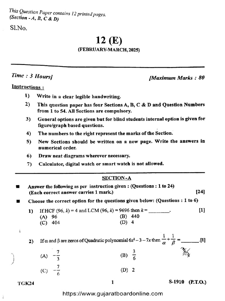 Gseb Class 10 Standard Mathematics 12 e Mar 2025 | PDF