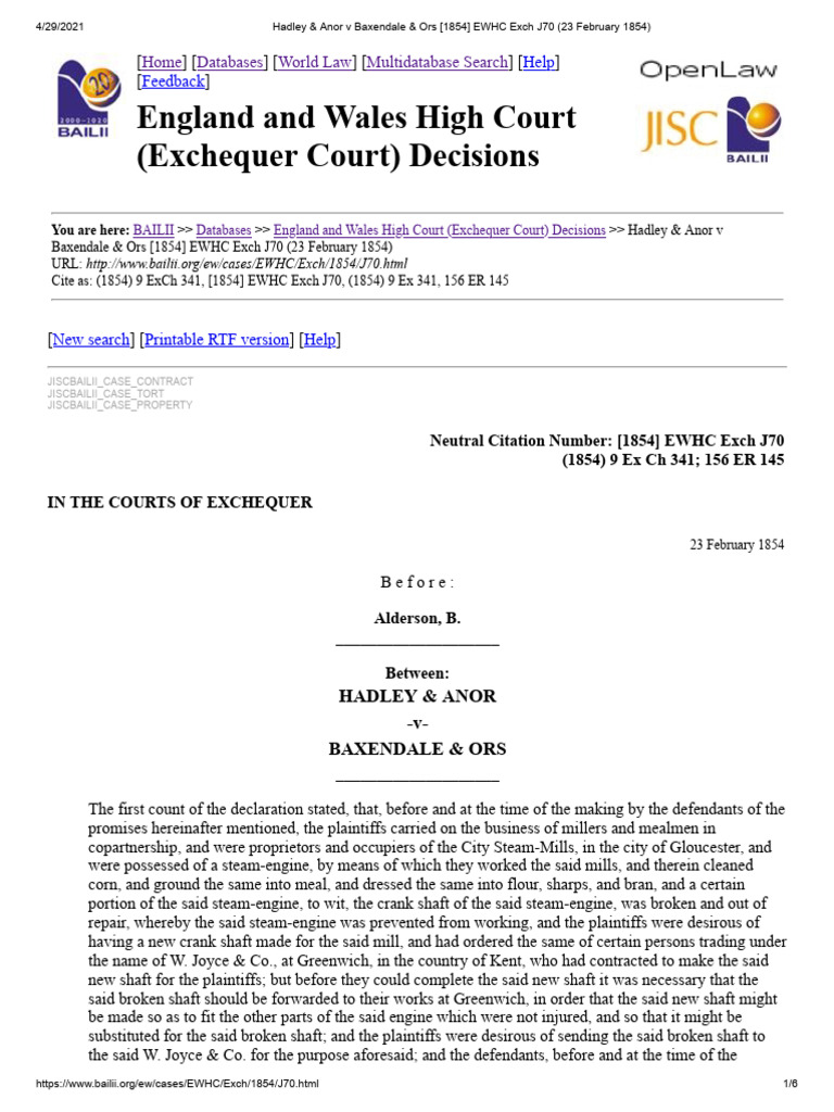 Hadley & Anor V Baxendale & Ors 1854 EWHC Exch J70 23 February 1854 | PDF | Damages | Public Law