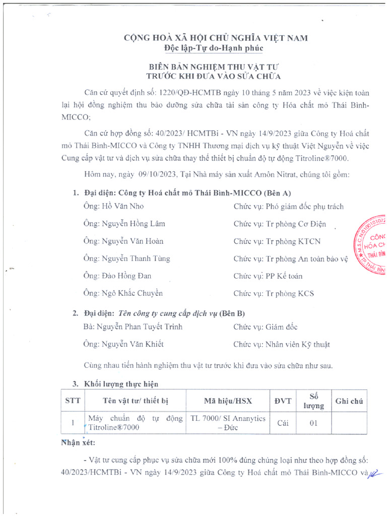 Bien Ban Nghiem Thu Vat Tu Truoc Khi Dua Vao Sua Chua Tl7000 | PDF