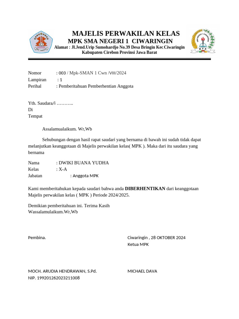 Surat Pemberhentian MPK | PDF