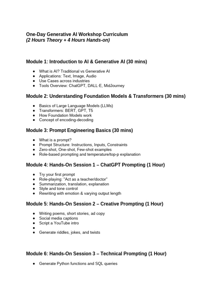 One-Day Generative AI Workshop Curriculum | PDF | Computing ...