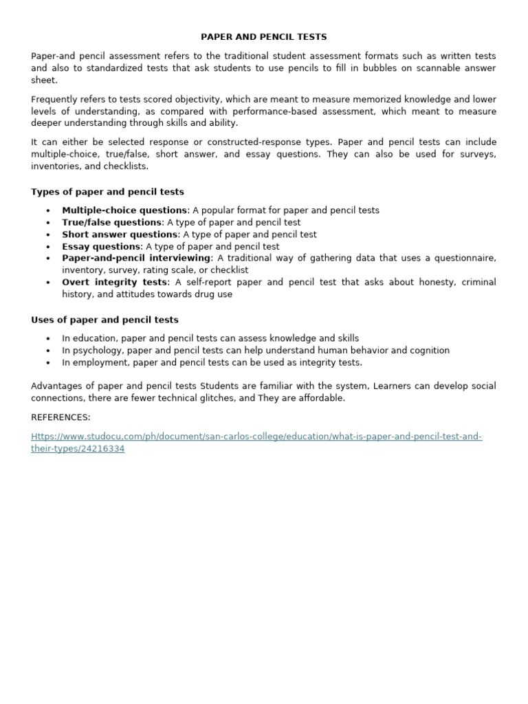 PAPER AND PENCIL TESTS Assessment Learning | PDF