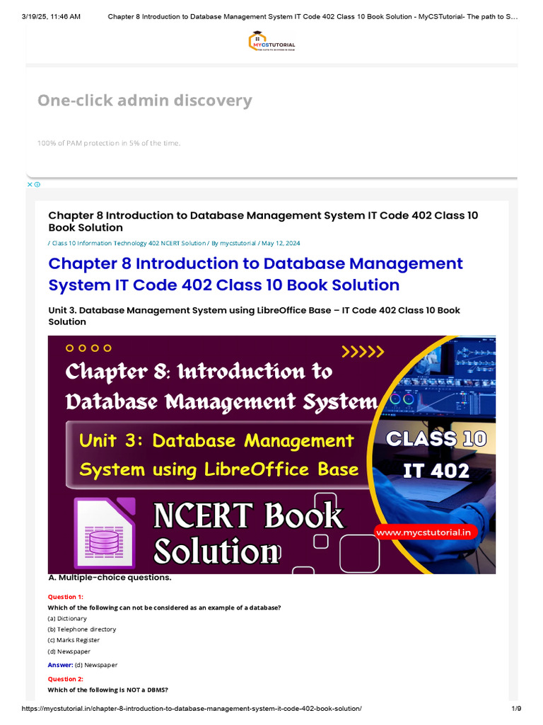 Chapter 8 Introduction To Database Management System IT Code 402 Class 10 Book Solution ...