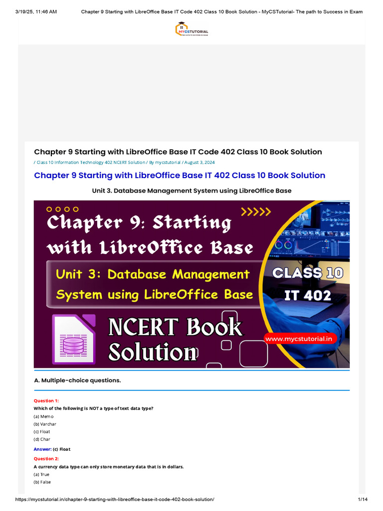 Chapter 9 Starting With LibreOffice Base IT Code 402 Class 10 Book Solution - MyCSTutorial - The ...