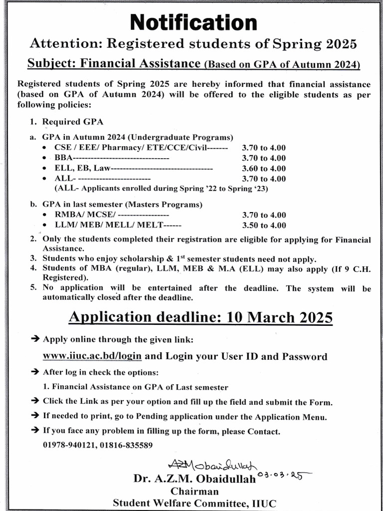 Spring 2025 Financial Aid Notification | PDF