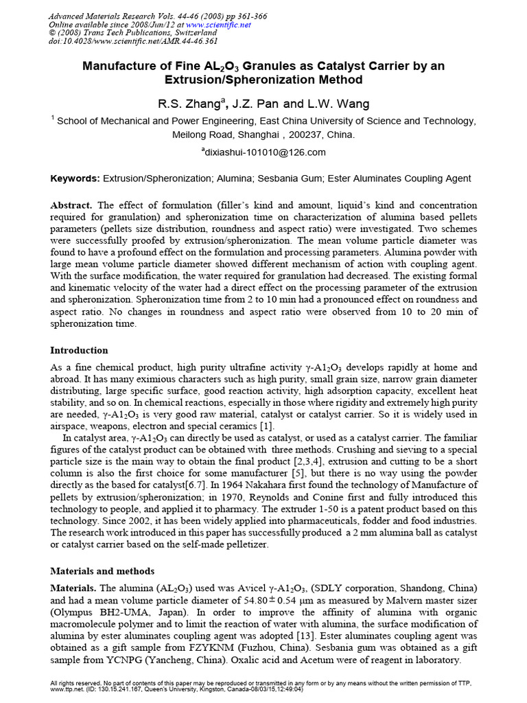 Manufacture of Fine AL2O3 Granules As Catalyst Carrier by An Extrusion ...