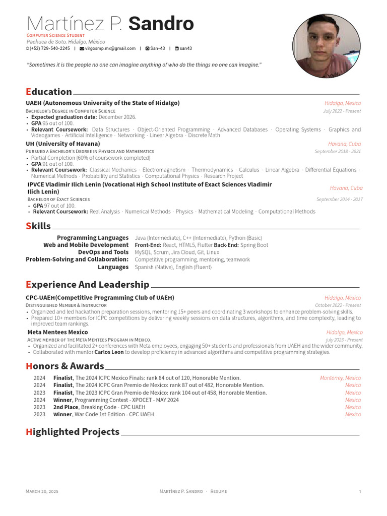 Sandro Martinez Perez Resume | PDF | Mathematics | Numerical Analysis