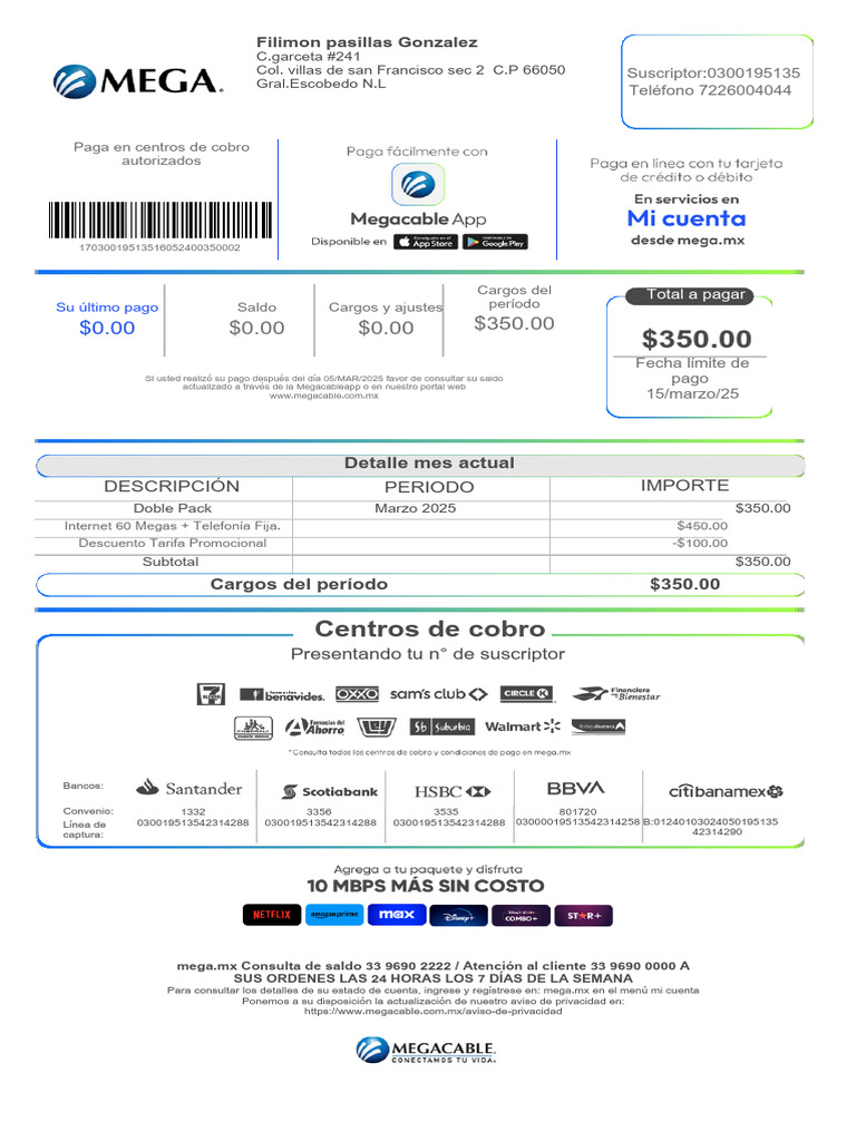 Recibo Megacable 2025 | PDF