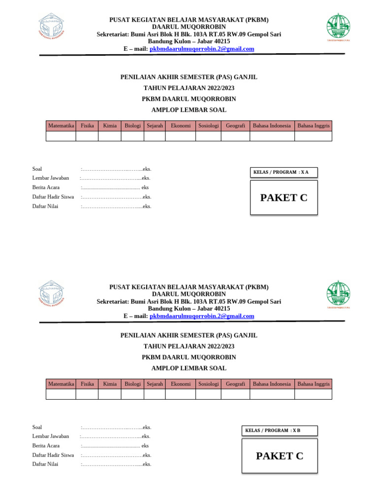 PAS Ganjil 2022/2023 PKBM Daarul Muqorrobin | PDF