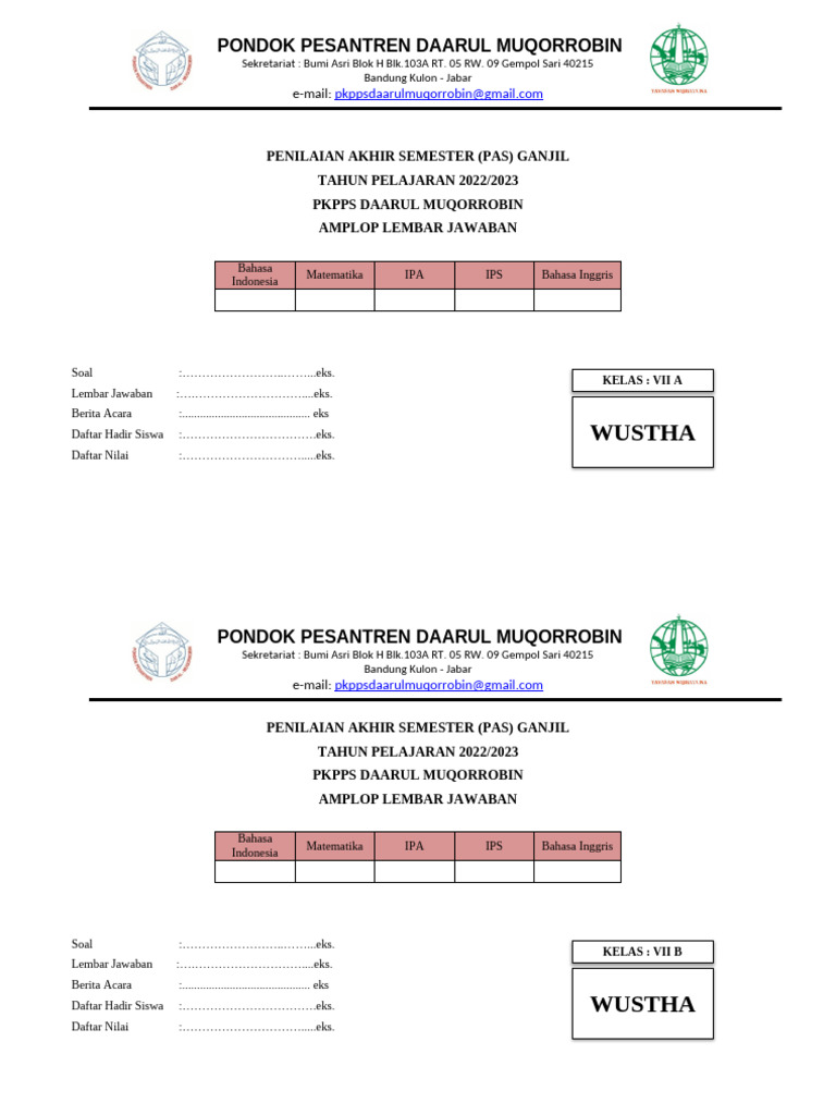Identitas Amplop Jawaban Wustha | PDF