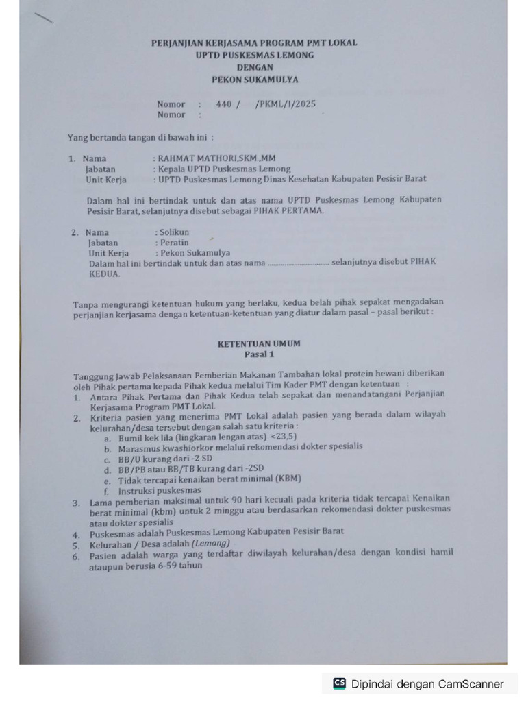 Perjanjian Kerjasama Program PMT Lokal | PDF