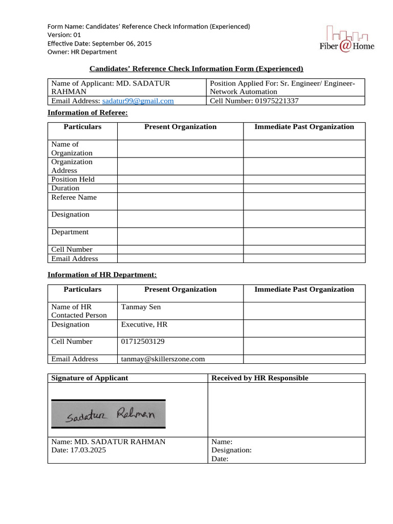Candidate Reference Check For Experienced | PDF