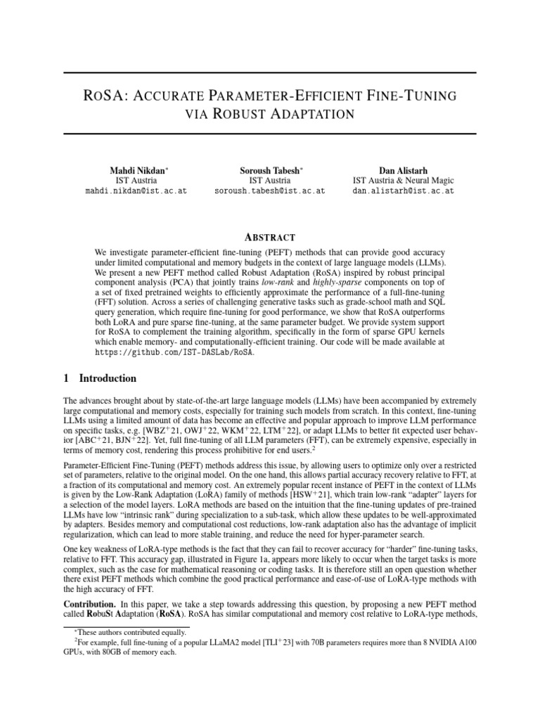 微调方法 ROSA - ACCURATE PARAMETER-EFFICIENT FINE-TUNING VIA ROBUST ADAPTATION | PDF | Principal ...