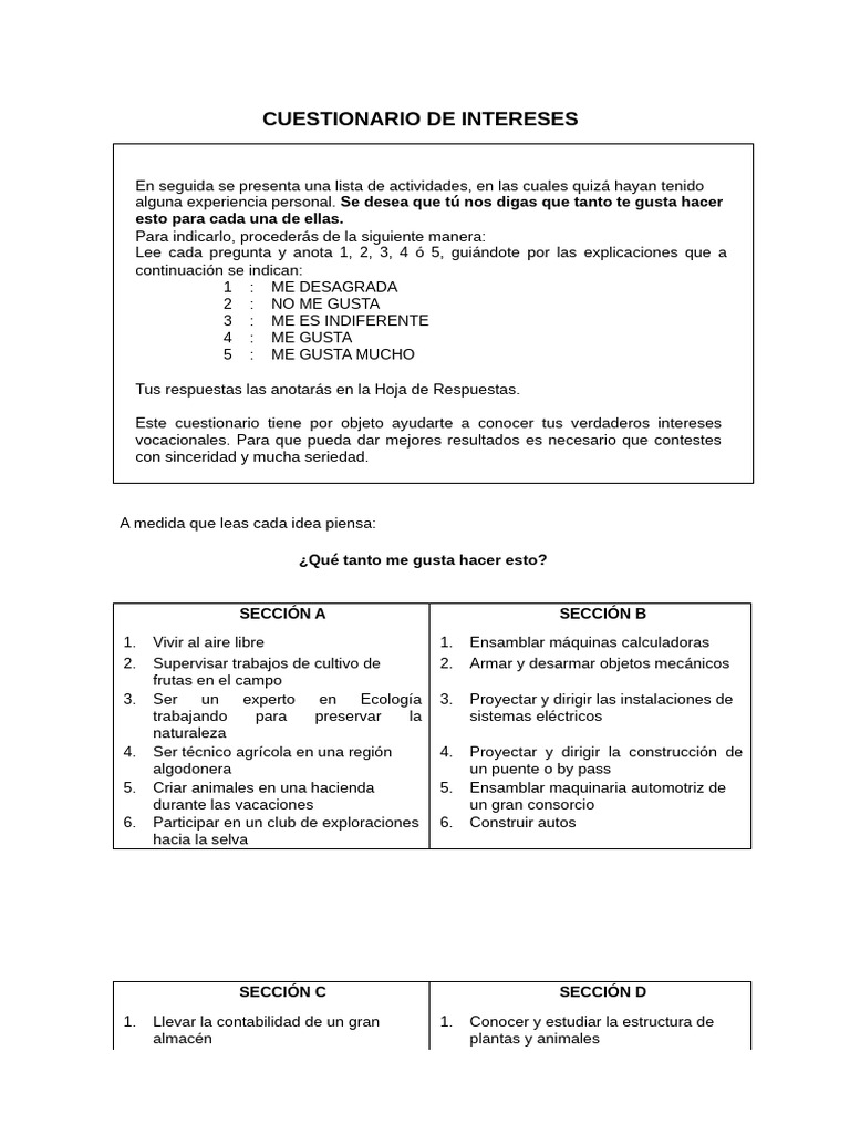 Cuestionario de Intereses Vocacionales | PDF