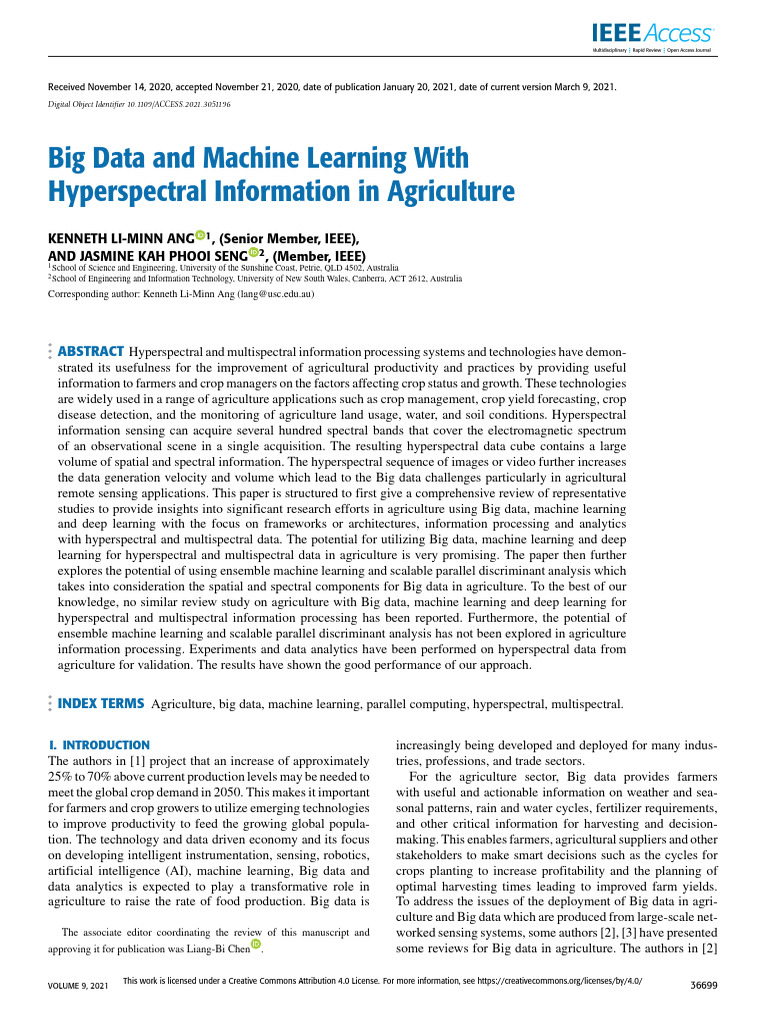 Big Data And Machine Learning With Hyperspectral Information In Agriculture Pdf Support