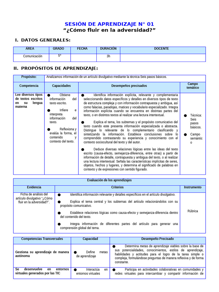 Sesión de Aprendizaje 1 | PDF | Aprendizaje | Evaluación