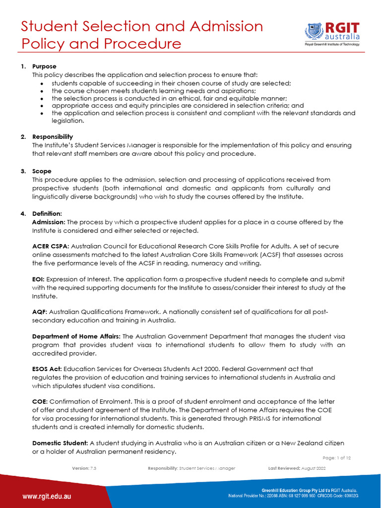 Student Admission Policy Overview | PDF | Diploma