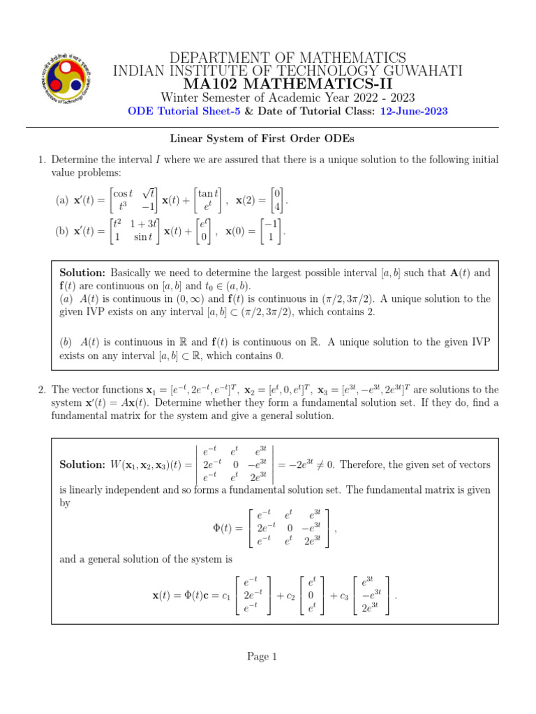 ODE-2023-Tutorial-5-Solution | PDF | Eigenvalues And Eigenvectors | System Of Linear Equations