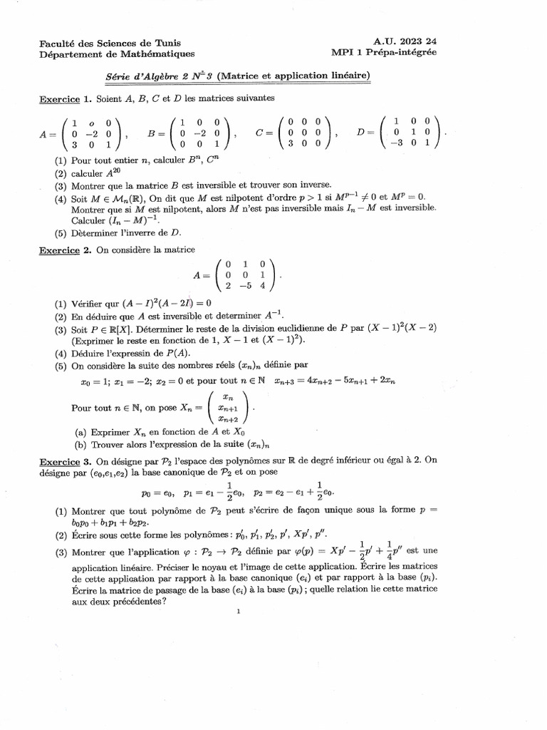 TD 3 + Correc Matrices Et Applications Linéaires | PDF
