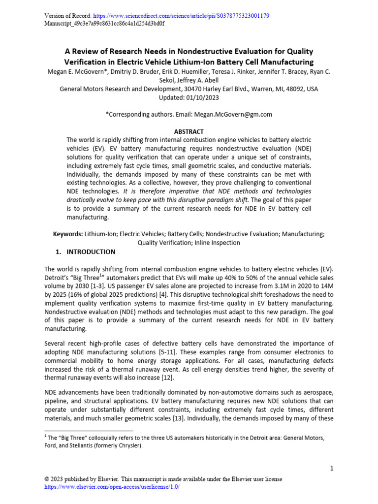 NDE Research Needs for EV Battery Manufacturing | PDF | Lithium Ion ...