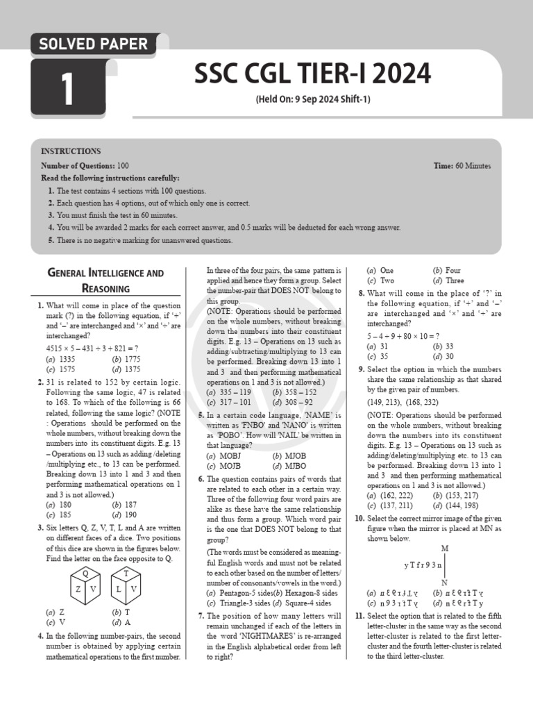 SSC CGL 2024 Tier-I Solved Paper | PDF | Multilingualism | Perpendicular