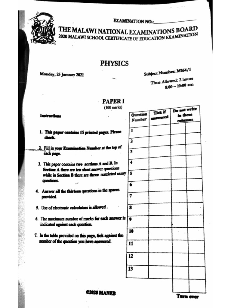 2020 Physics MANEB | PDF