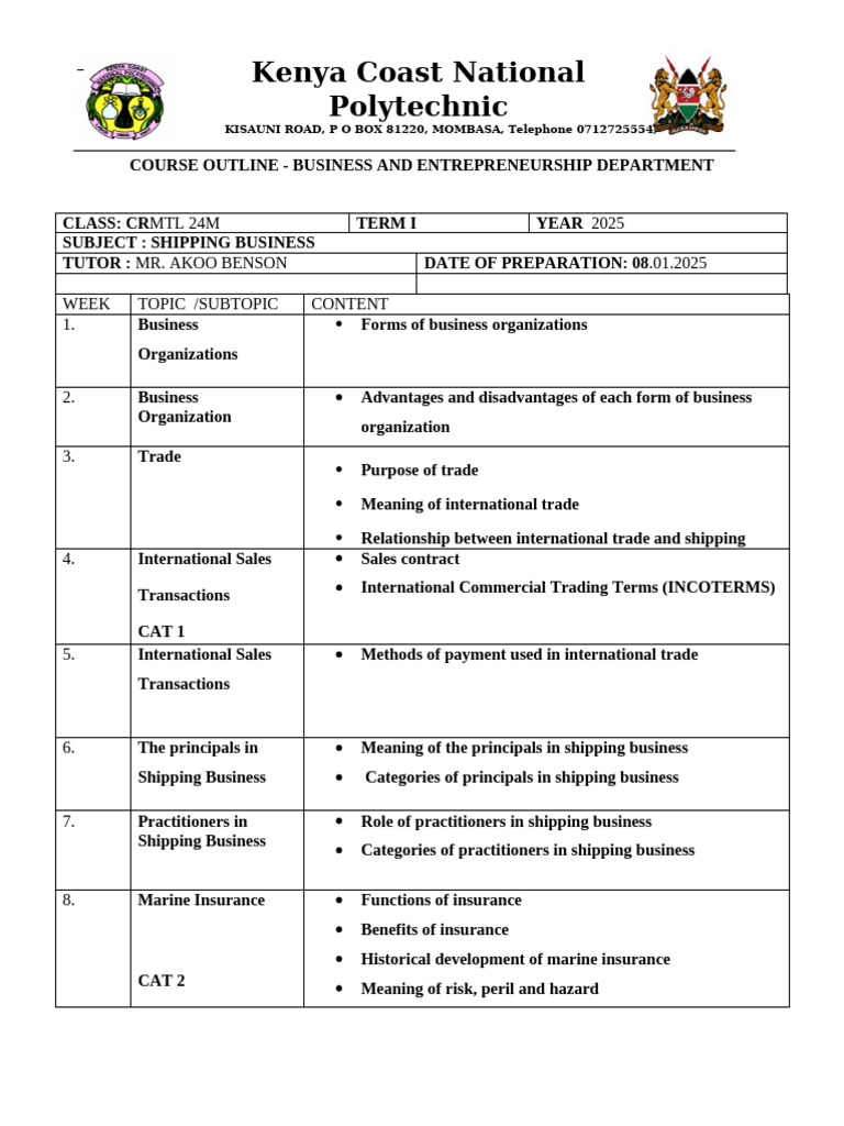 Shipping Business Course Outline | PDF | Insurance | Private Law