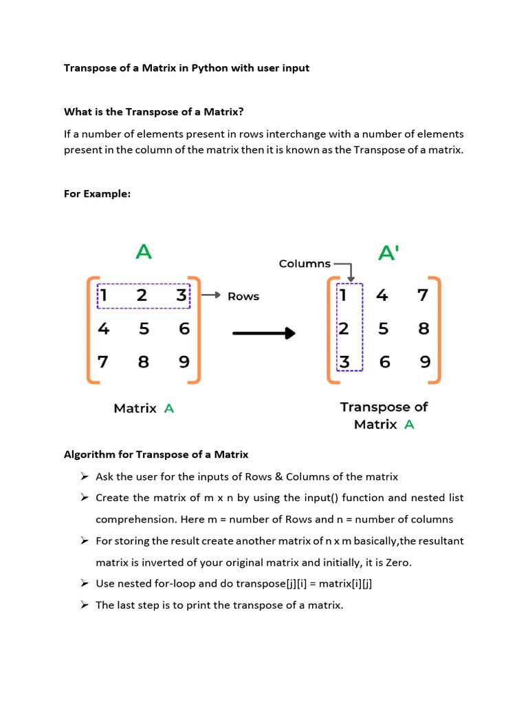 Transpose Of A Matrix In Python With User Input Pdf Matrix 7561