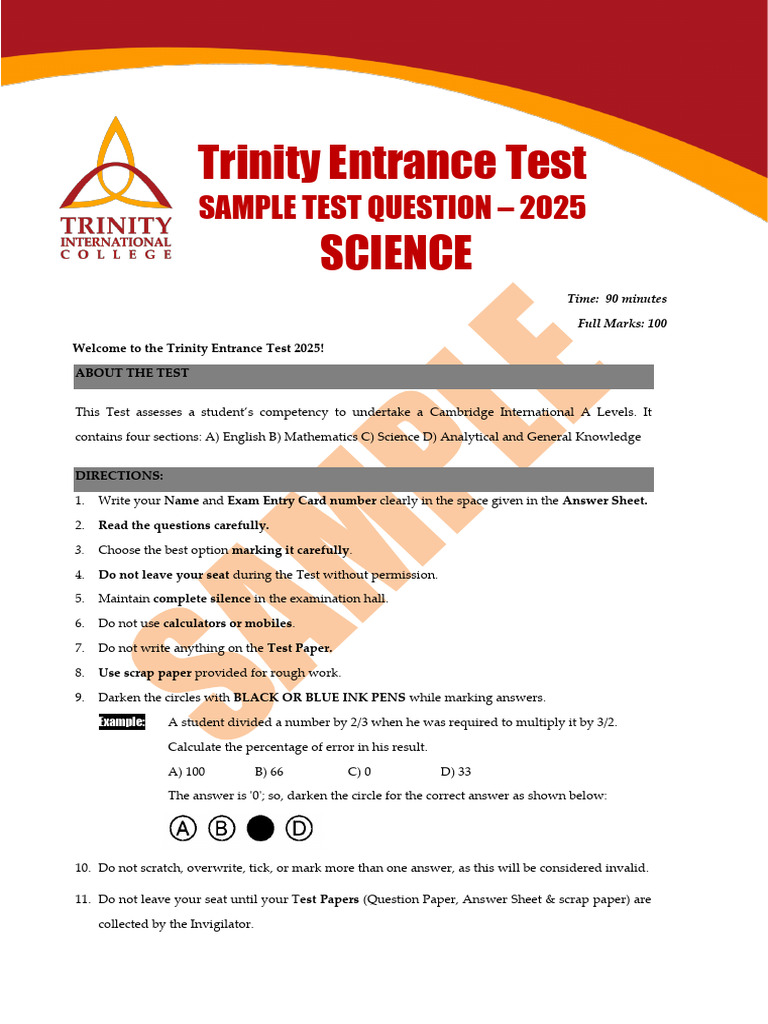 Sample Questions Science 2025 | PDF | Area | Circle