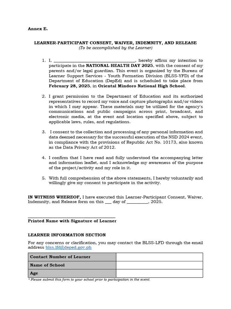 Annex E. Learner Consent, Waiver, Indemnity and Release form | PDF