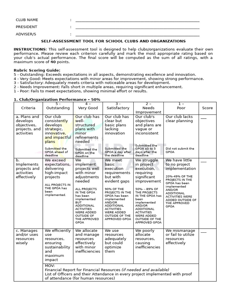 OMNHS - Club Evaluation Tool (CET) (FINAL AND OFFICIAL) | PDF ...