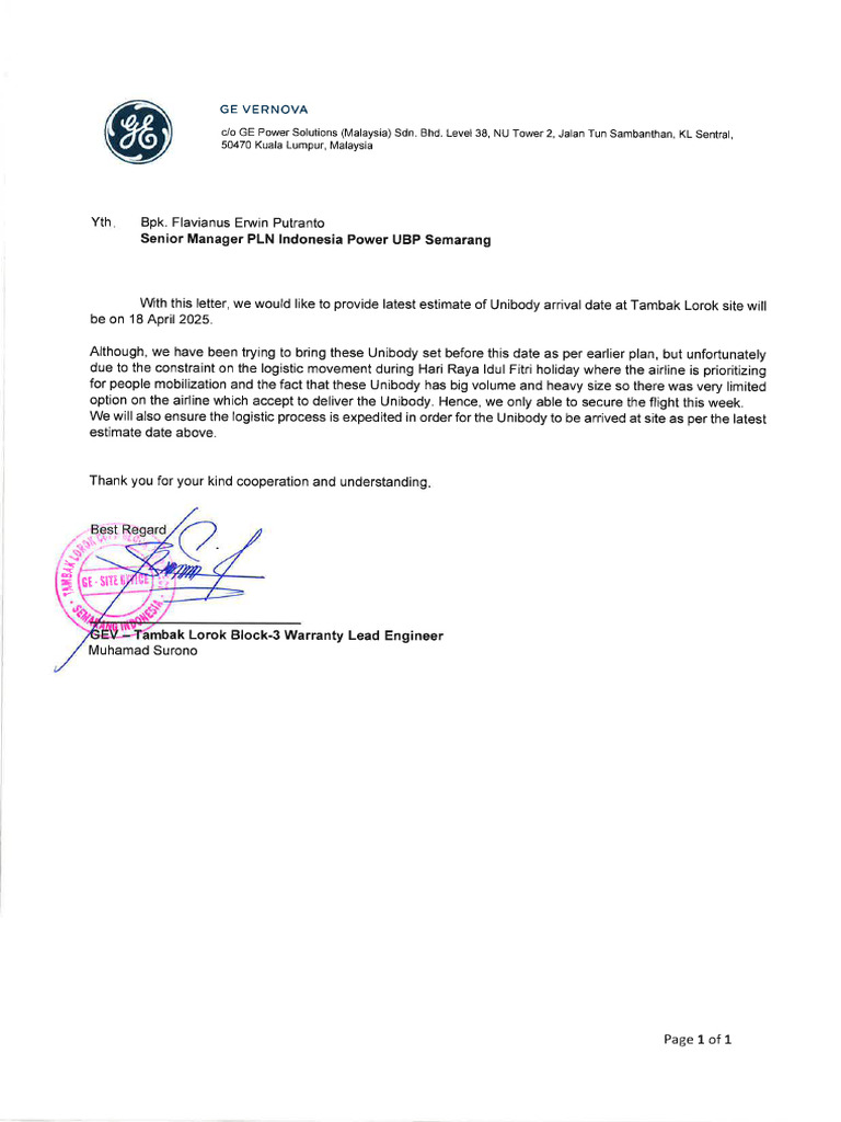 GEV-WE-TBL3-April-2025 - Unibody Status Letter | PDF