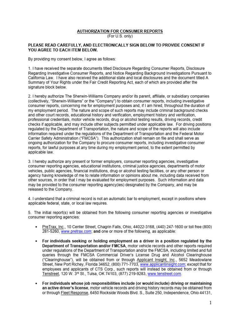 1 Consent For Consumer Report - US Background Check Consent-Additional Disclosures-Summary of ...