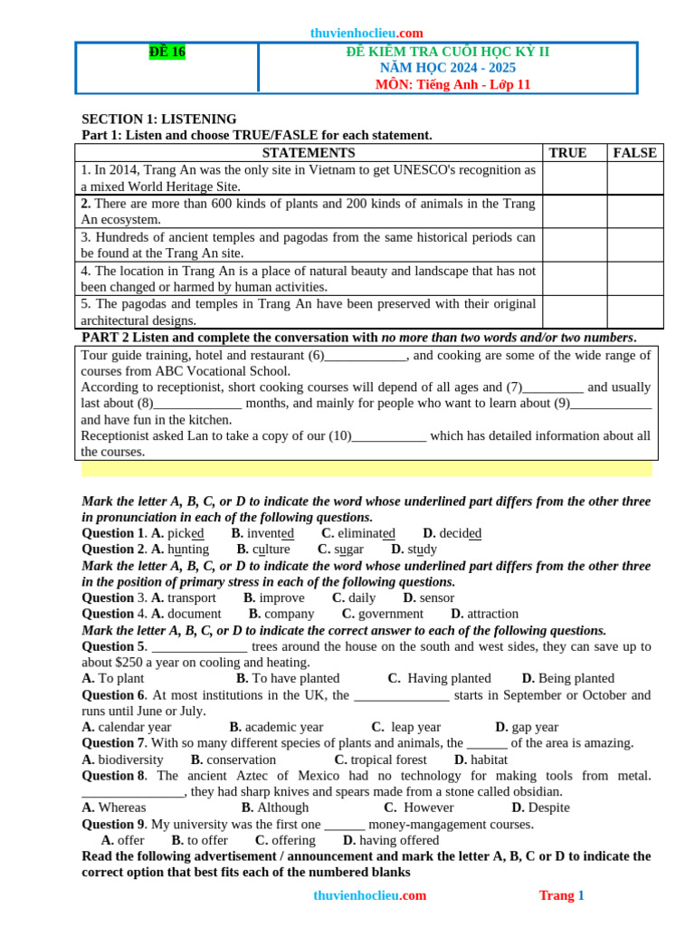 De Kiem Tra Cuoi HK2 Tieng Anh 11 Global de 16 | PDF | Bullying | Depression (Mood)