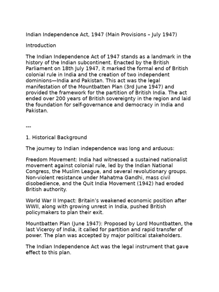 Indian Independence Act, 1947 | PDF | Partition Of India | Indian ...