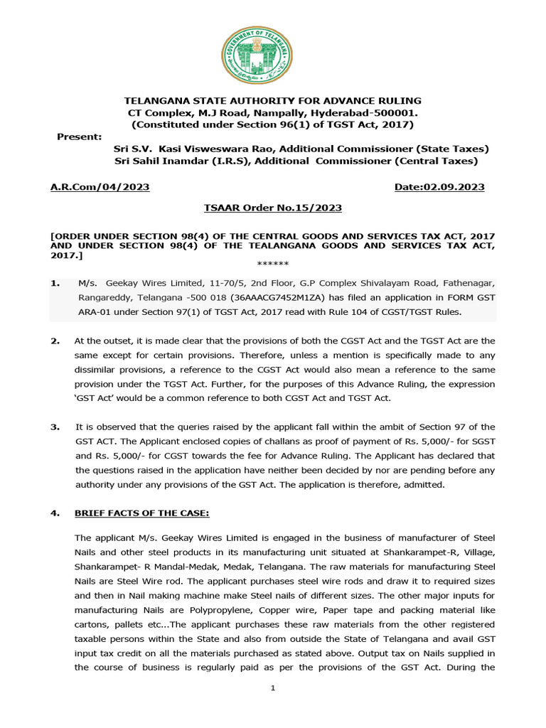 Tsaar Order No.15-2023 dt.02-09-2023 Ms. Geekay Wires Limited | PDF ...