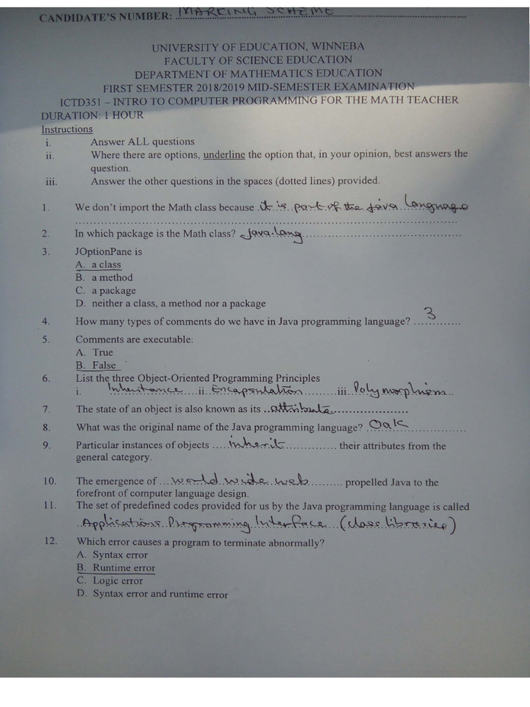 Java Quiz Marking Scheme. | PDF