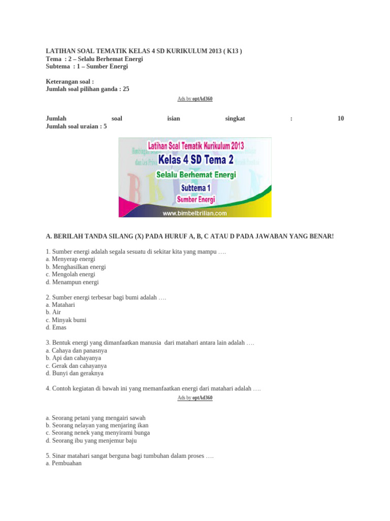 SOAL TEMATIK Tema 2 Sub 1 | PDF