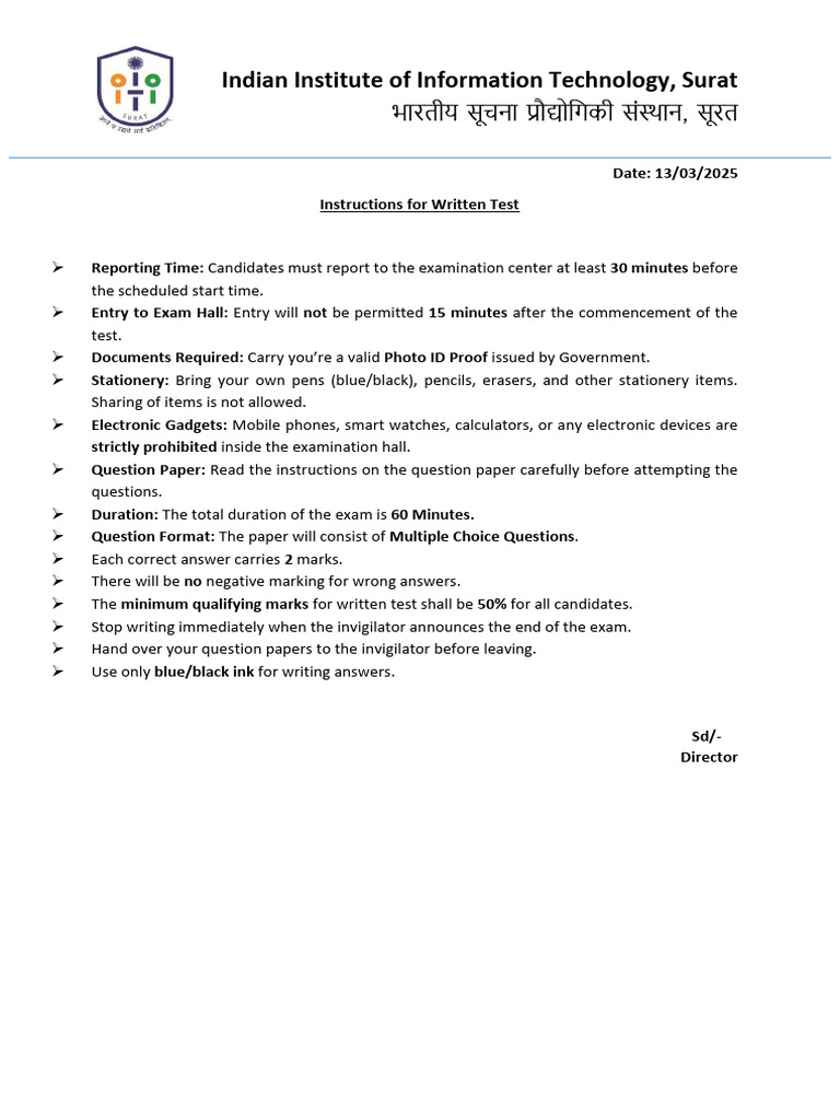 Instructions For Written Test | PDF