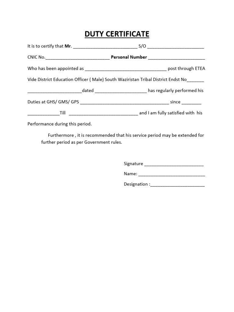 Duty Certificate 1 | PDF