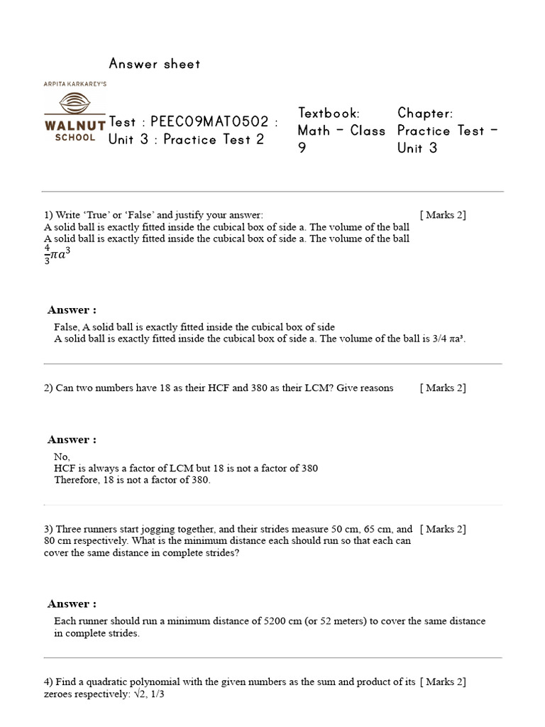 Math Practice Test Unit 3 Answers | PDF | Sphere | Polynomial