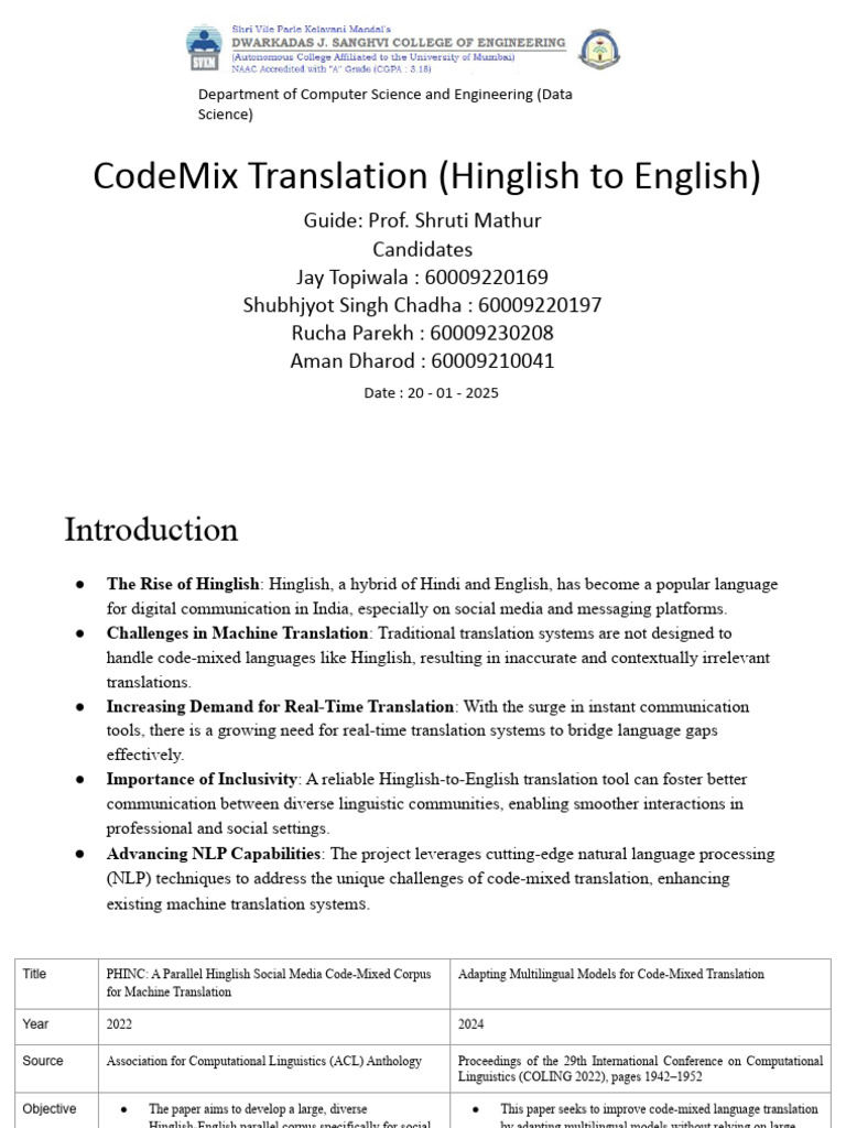 IPD - 2024-25 - Real-Time CodeMix Translation | PDF | Translations | Multilingualism