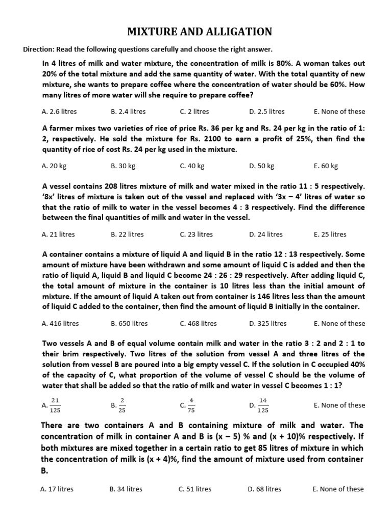 12.mixture and Alligation | PDF | Ratio | Concentration