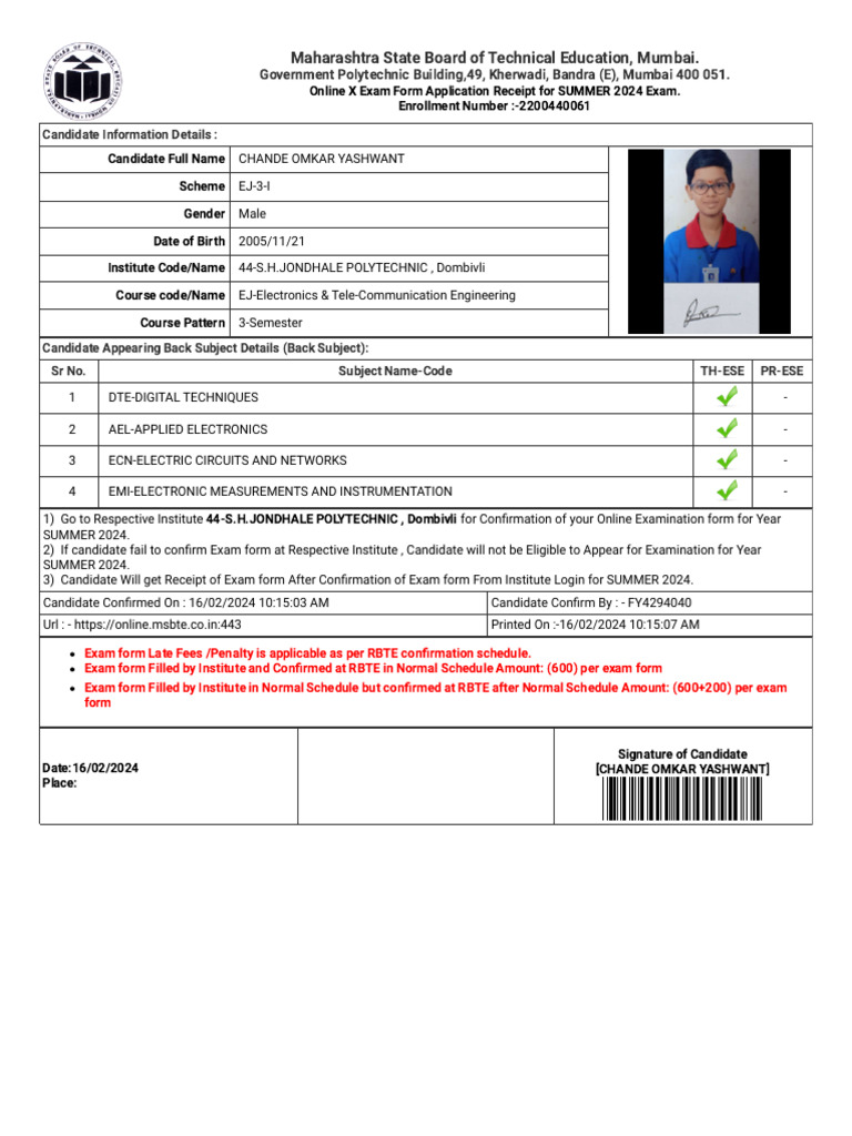 Exam Form Application of Candidate For FY4294040 Sem 3 | PDF | Educational Stages | Qualifications