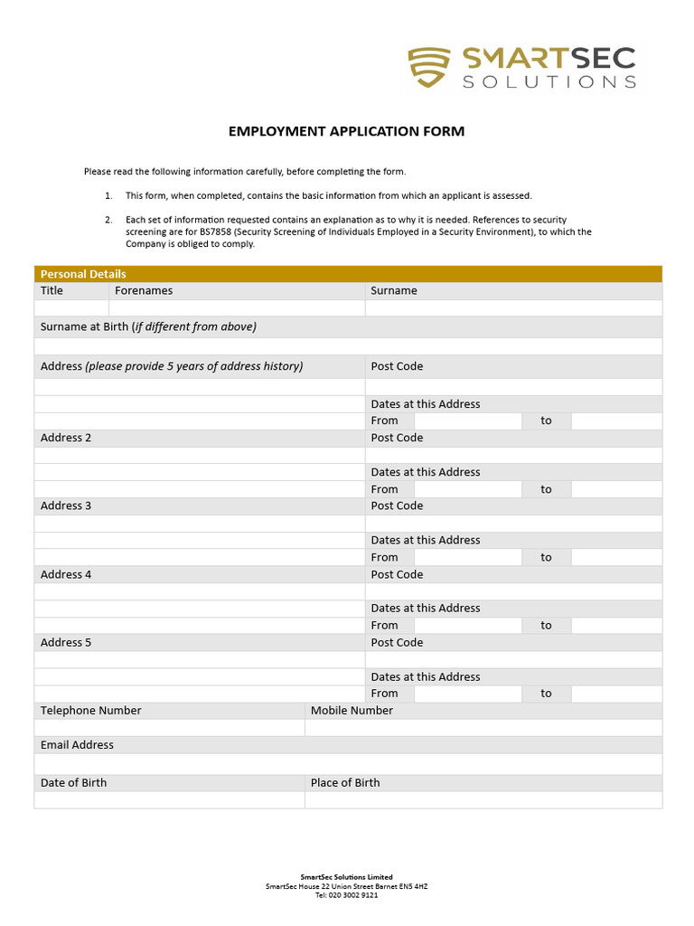 SmartSec Employment Application Form | PDF | Retirement