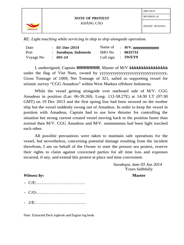 HDC-03-07 Note of Sea Protest-Sample-2-E | PDF