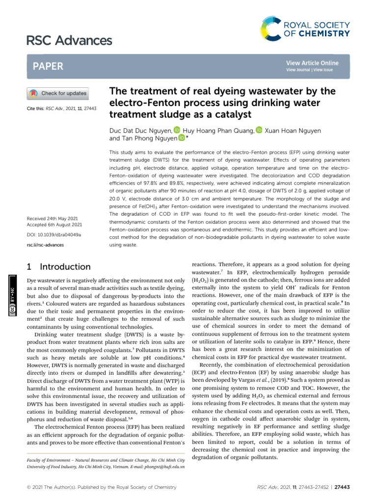 Dyeing Wastewater by The Electro-Fenton Process Using Drinking Water ...